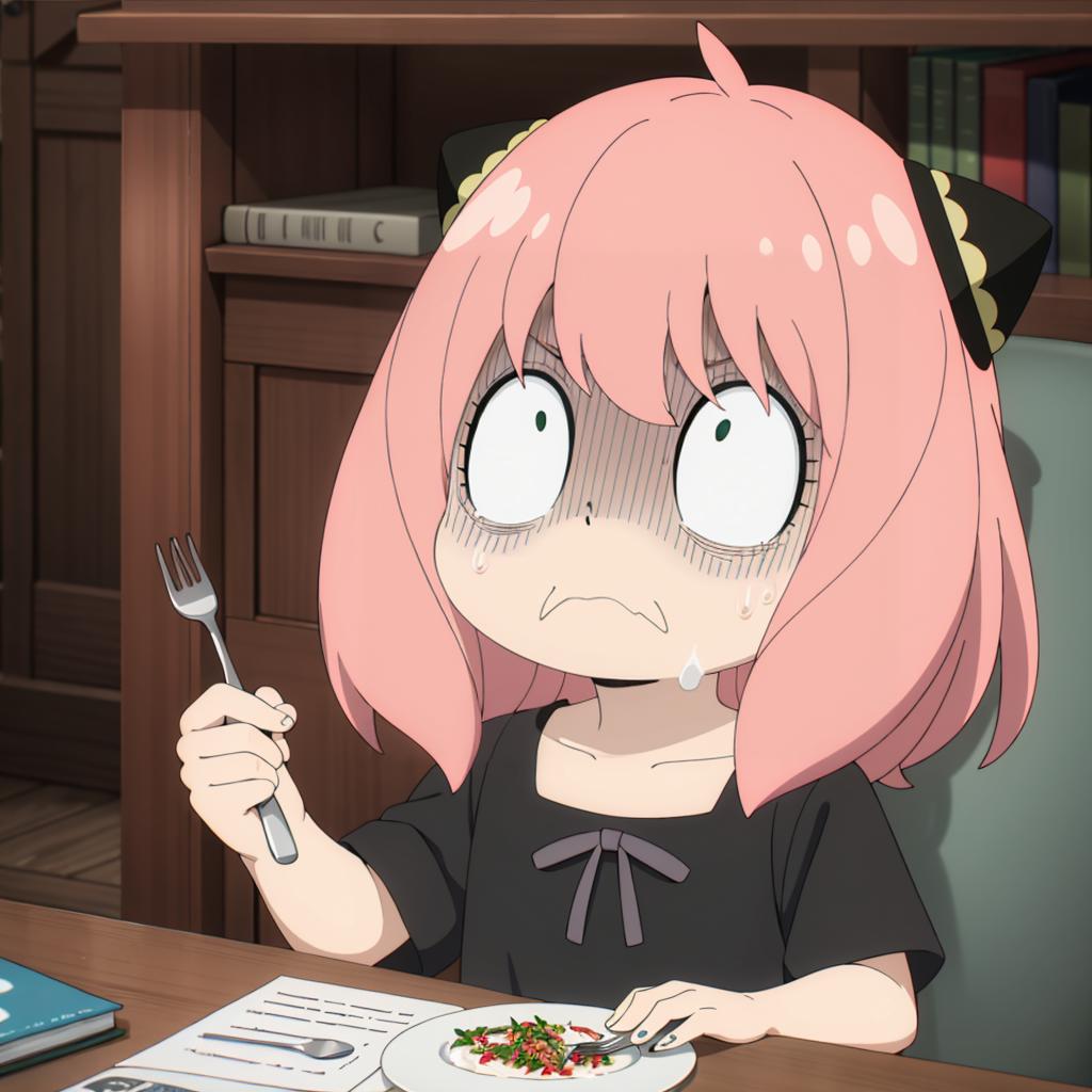 Anime girl with pink hair eating a plate of food at a table - SeaArt AI