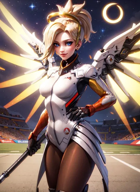 A woman in a white and gold outfit holding a sword - SeaArt AI