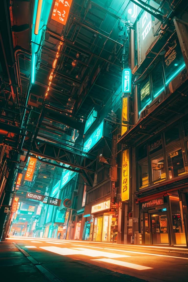 A city street with neon lights and buildings at night - SeaArt AI