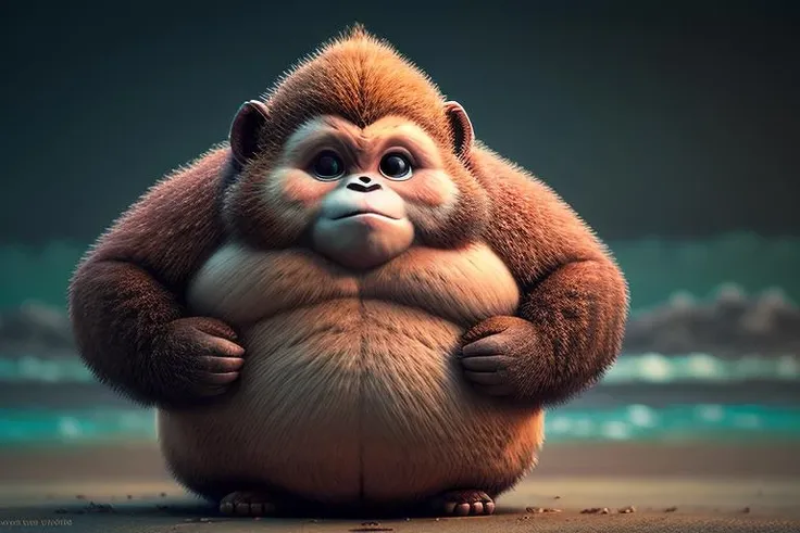 A close up of a monkey standing on a beach with its arms crossed ...