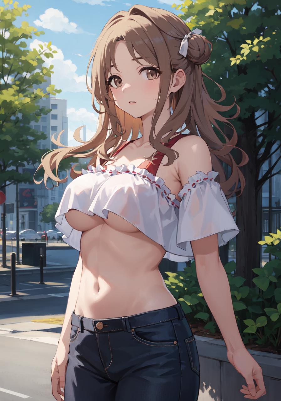 A woman in a white top and jeans standing on a street - SeaArt AI