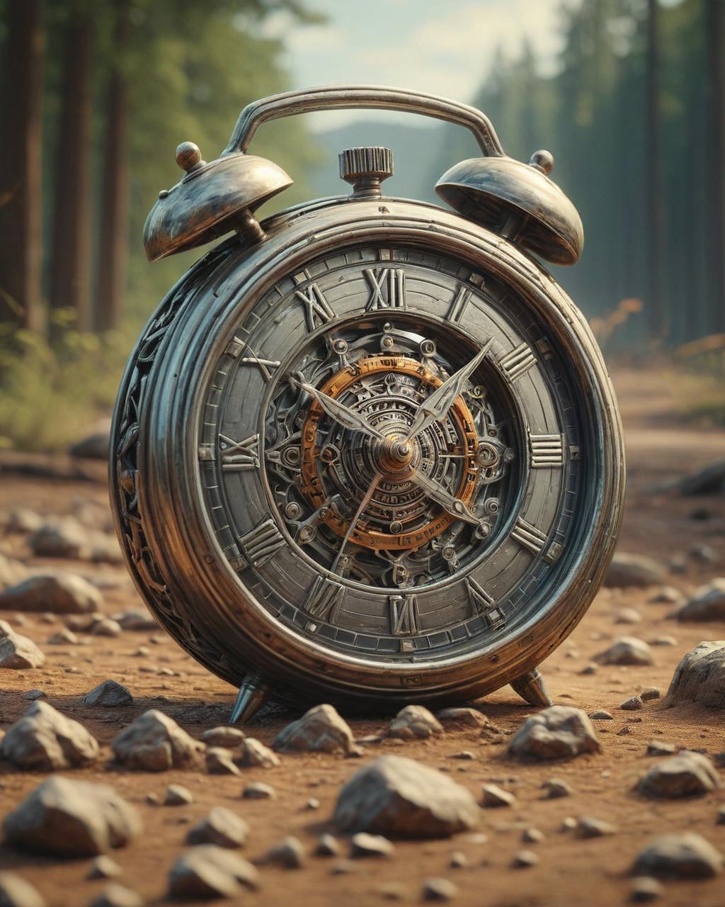 There is a clock that is sitting on the ground in the dirt - SeaArt AI