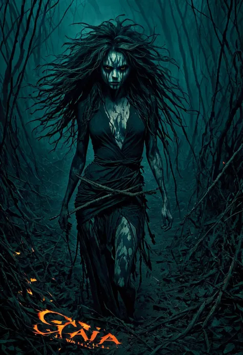 Naked voodoo, a female black priestess screaming banshee, white eyes ...