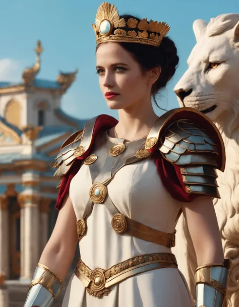 A woman in a white dress and gold armor standing next to a lion - SeaArt AI