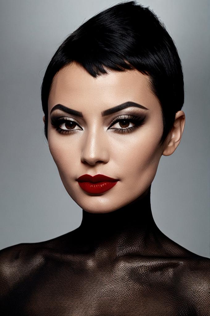 A woman with a black top and red lipstick posing for a picture - SeaArt AI