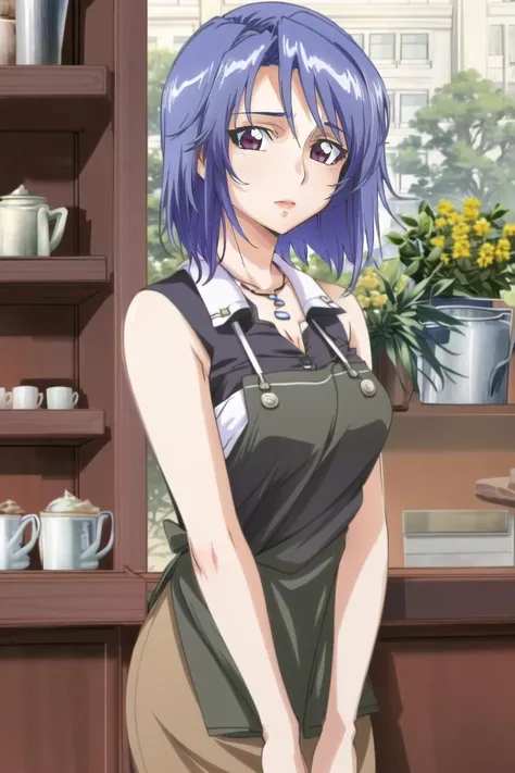 A woman in a kitchen with a blue hair and apron - SeaArt AI