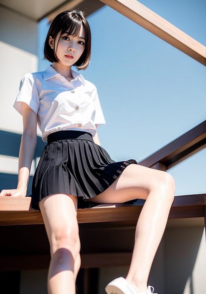 Arafed asian woman sitting on a bench with a white shirt and black skirt - SeaArt AI