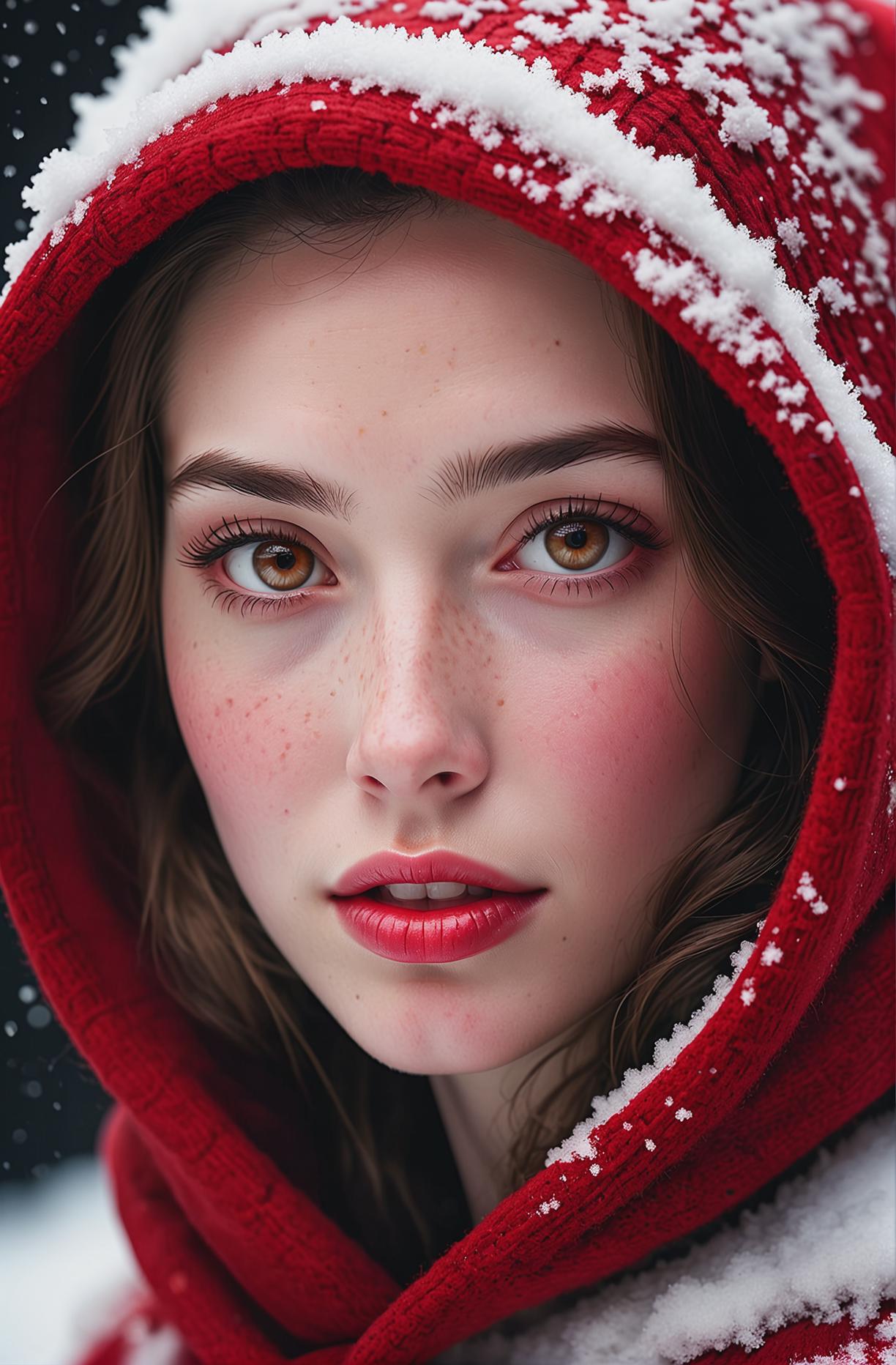 A close up of a woman wearing a red hoodie and a red scarf - SeaArt AI