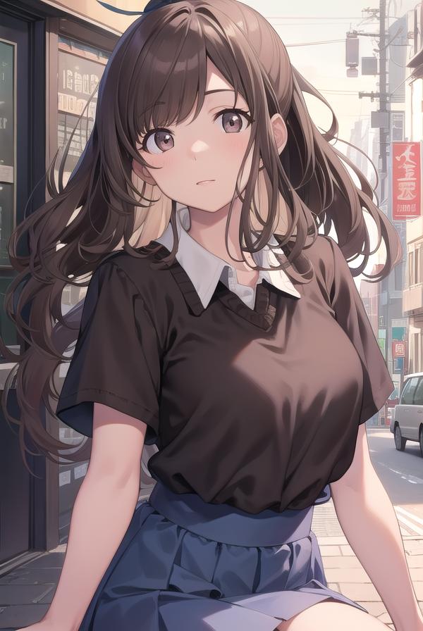 A woman in a short skirt and shirt is walking down the street（tsukioka kogane) - SeaArt AI