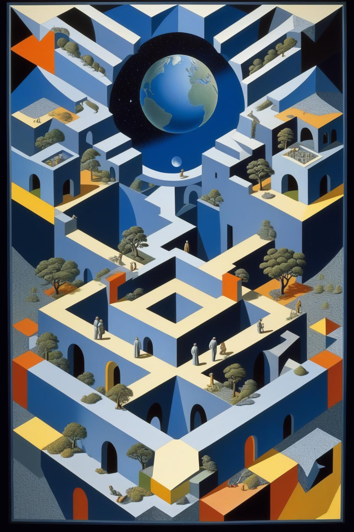 A painting of a maze with a globe in the middle - SeaArt AI