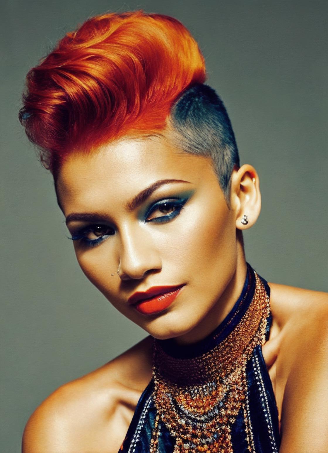 A woman with a red mohawk and a necklace on her neck - SeaArt AI