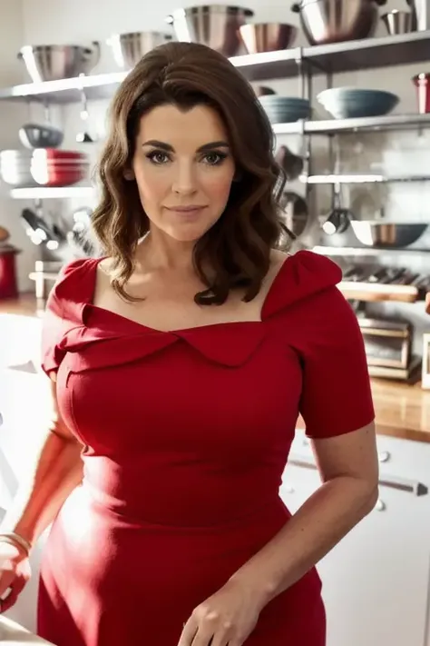 A woman in a red dress standing in a kitchen preparing food - SeaArt AI