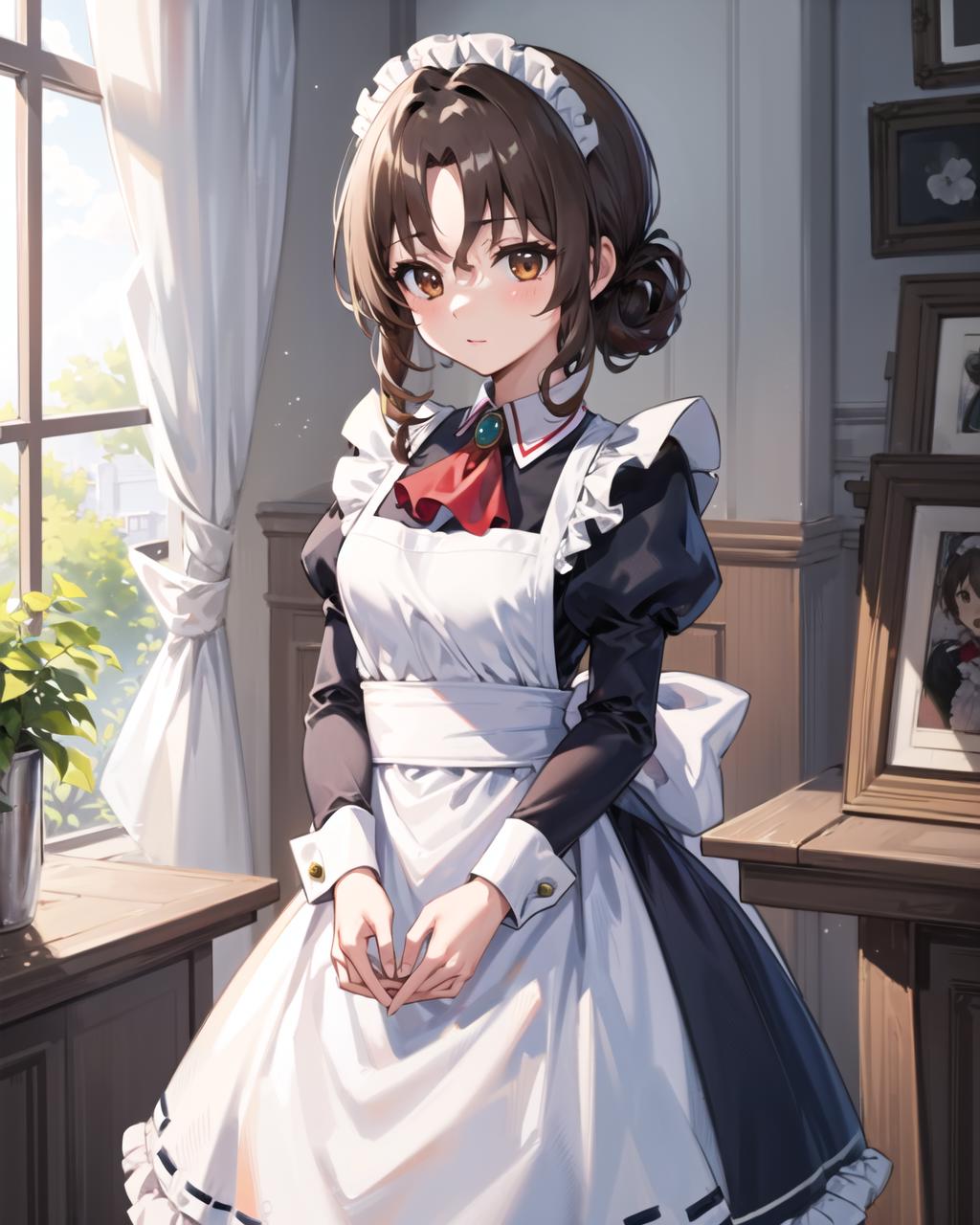 Anime maid in a white dress standing in front of a window - SeaArt AI