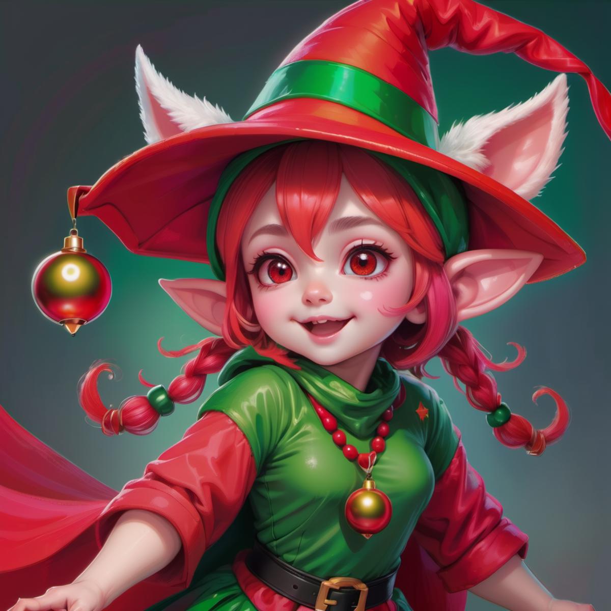 A close up of a cartoon elf with a red hat and green dress - SeaArt AI