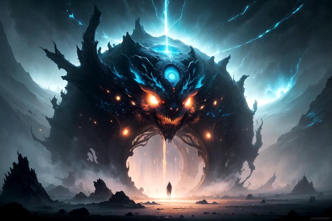 A man standing in front of a giant monster with glowing eyes - SeaArt AI