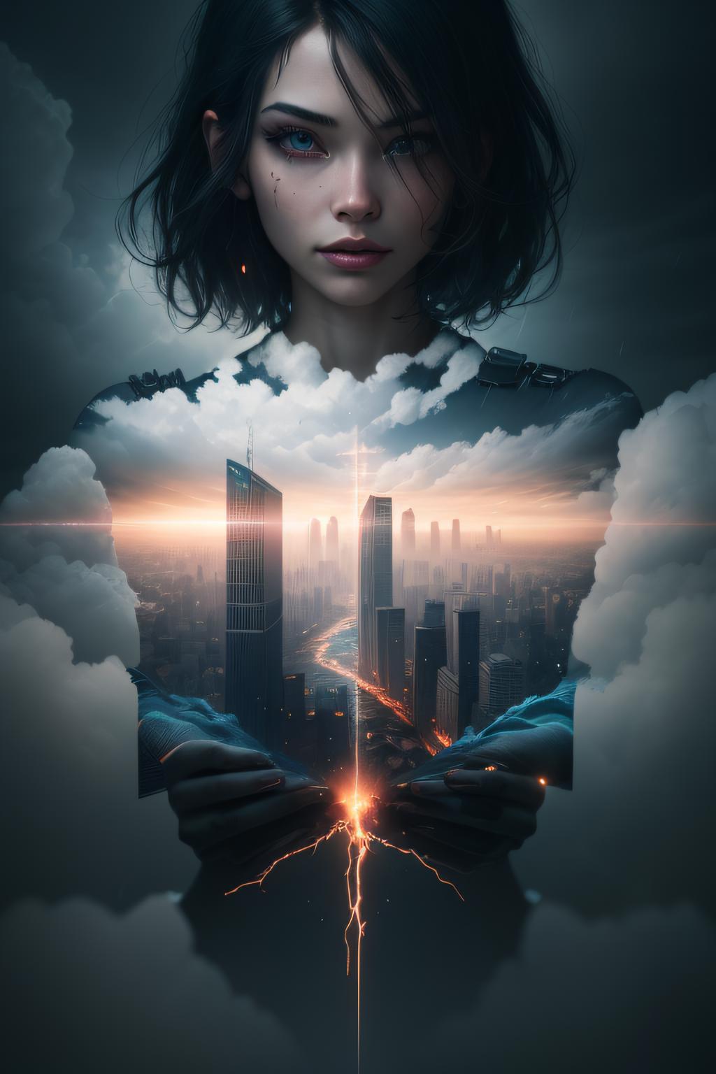 A woman with a lightning in her hands and a city in the background ...