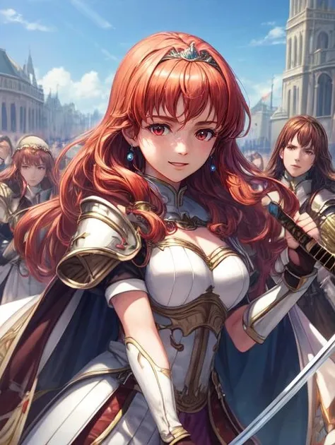 A woman in armor holding two swords and standing in front of a crowd ...