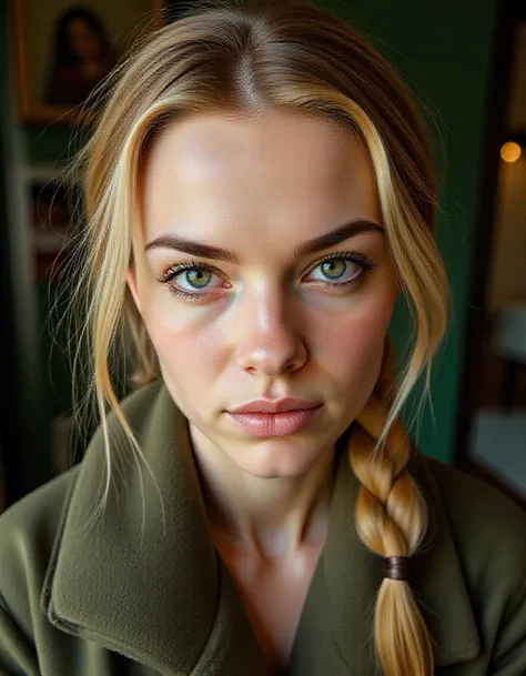 A striking woman with emerald green eyes,Fishtail braid,Blond - SeaArt AI