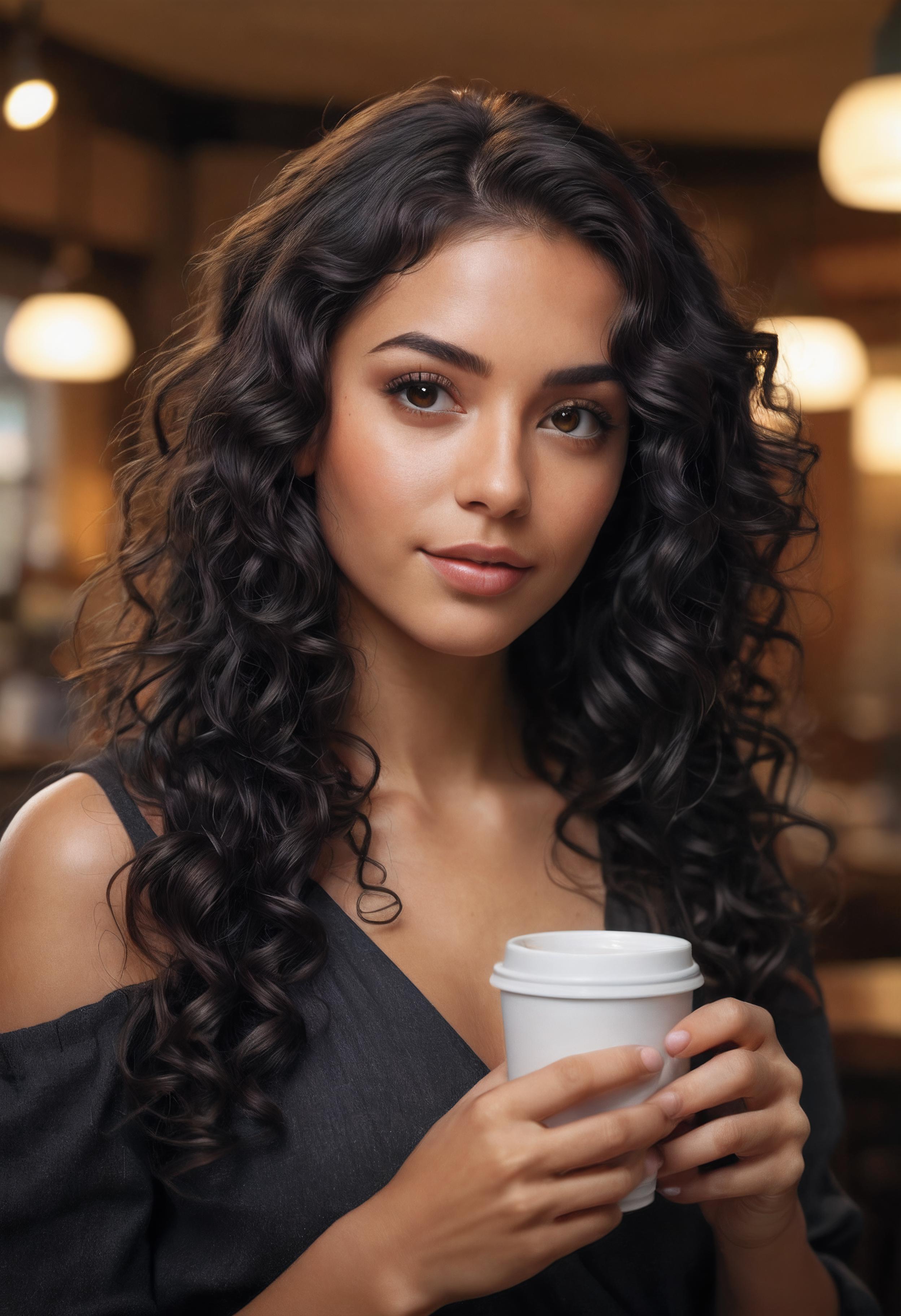 A woman with long curly hair holding a cup of coffee - SeaArt AI