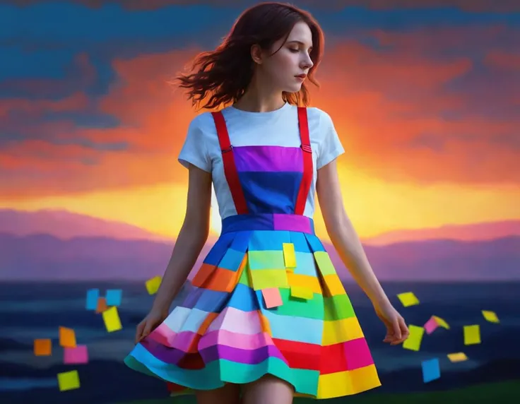 A woman in a colorful dress walking on a field with post it notes ...