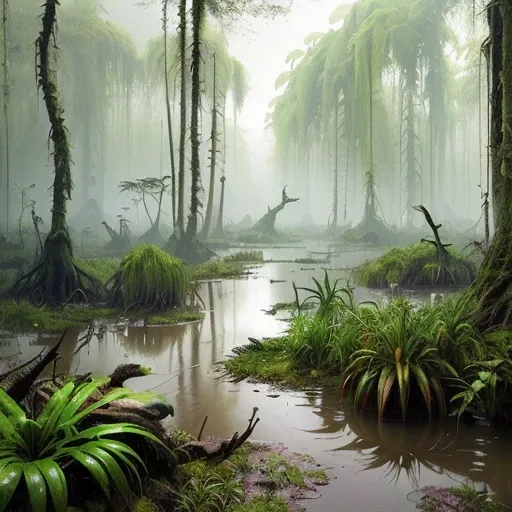 A close up of a swamp with trees and plants in the background - SeaArt AI