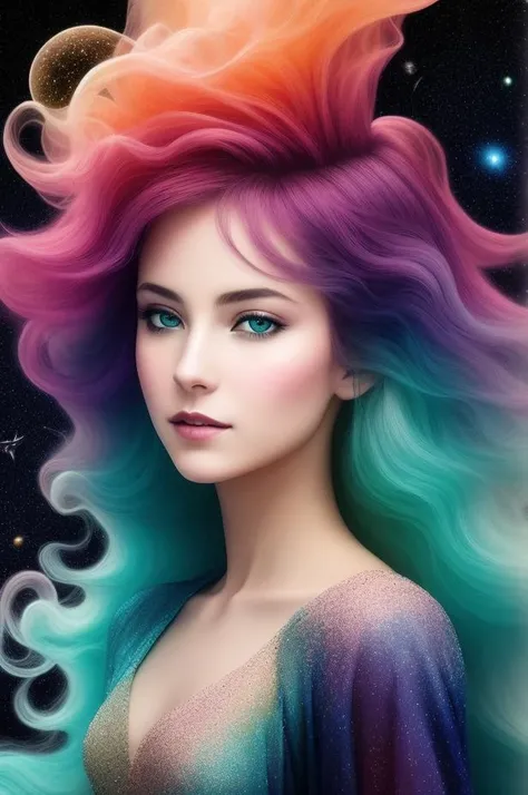 A woman with colorful hair and a star in the background - SeaArt AI