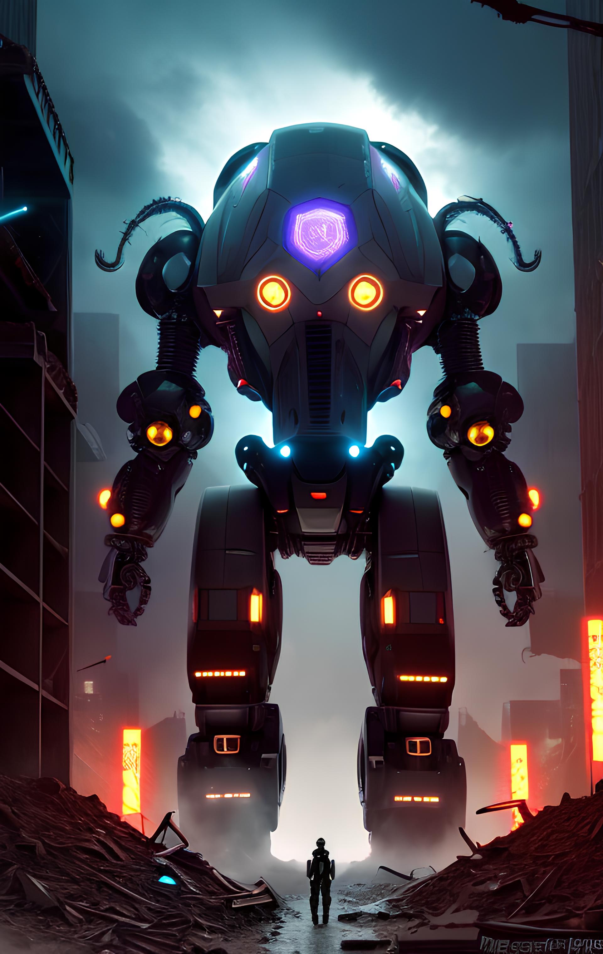 A close up of a person standing in front of a giant robot - SeaArt AI