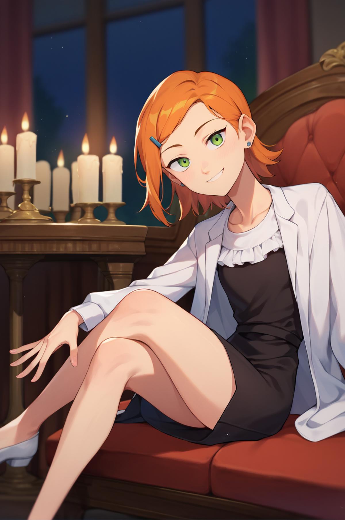 A woman sitting on a red couch with candles in the background - SeaArt AI