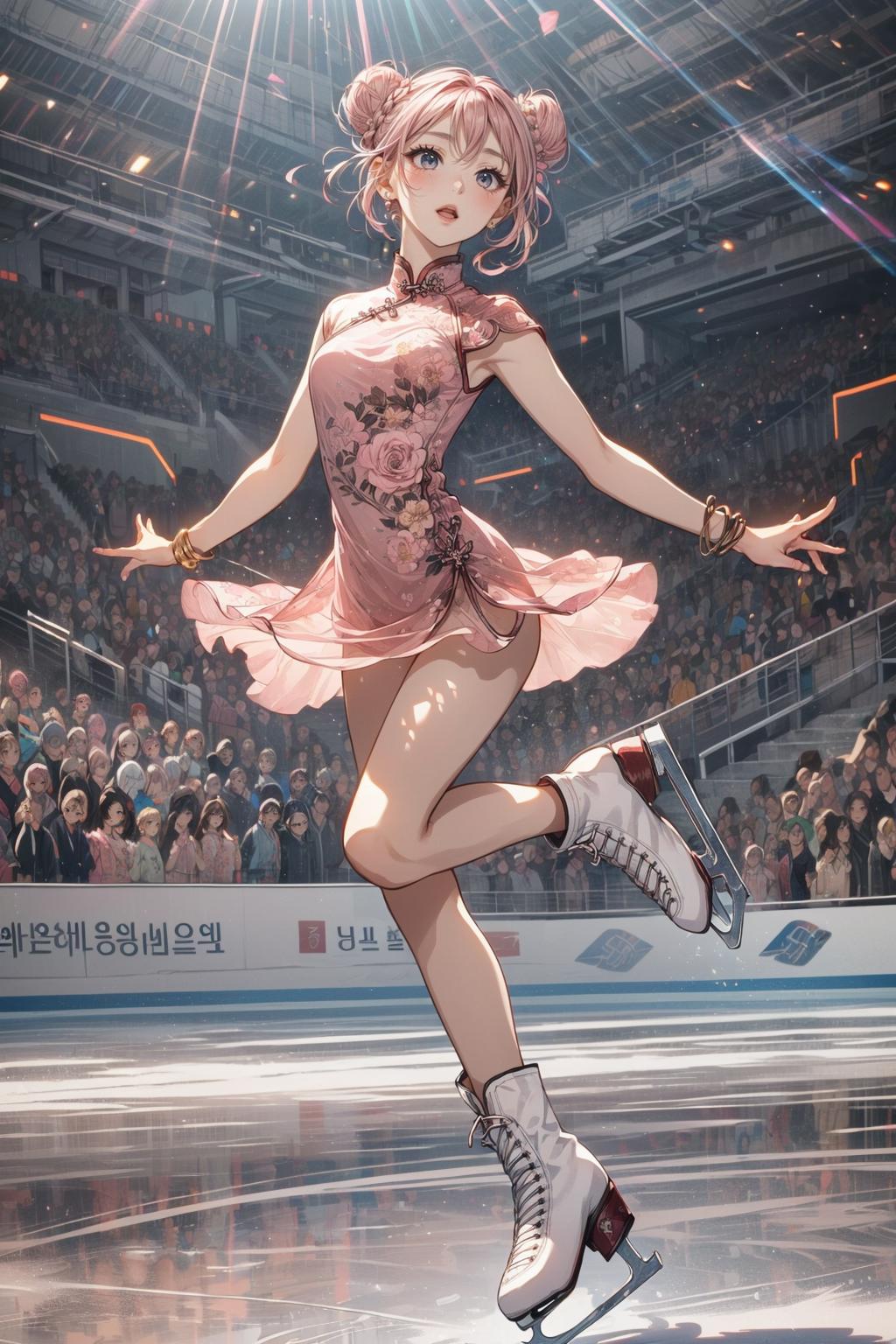 Anime figure skating on ice in front of a crowd of people - SeaArt AI