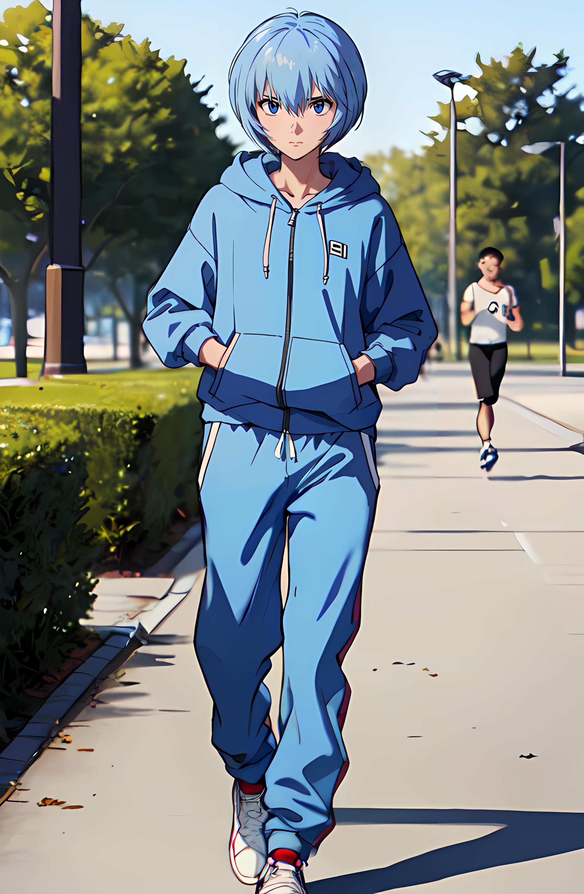 Anime character walking down a sidewalk with a blue hoodie - SeaArt AI