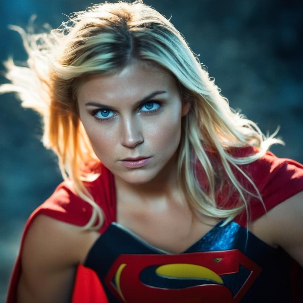 A close up of a woman in a red shirt and a superman cape - SeaArt AI