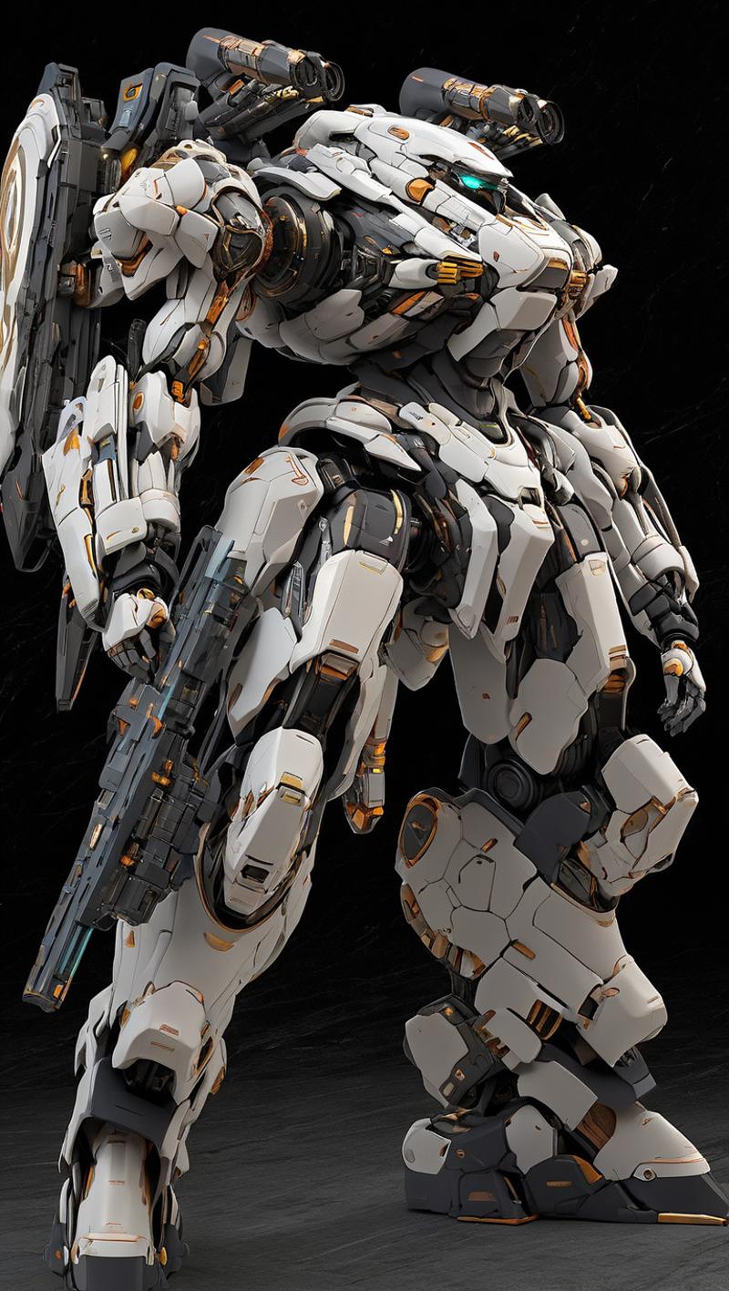 A close up of a robot with a gun on a black background - SeaArt AI