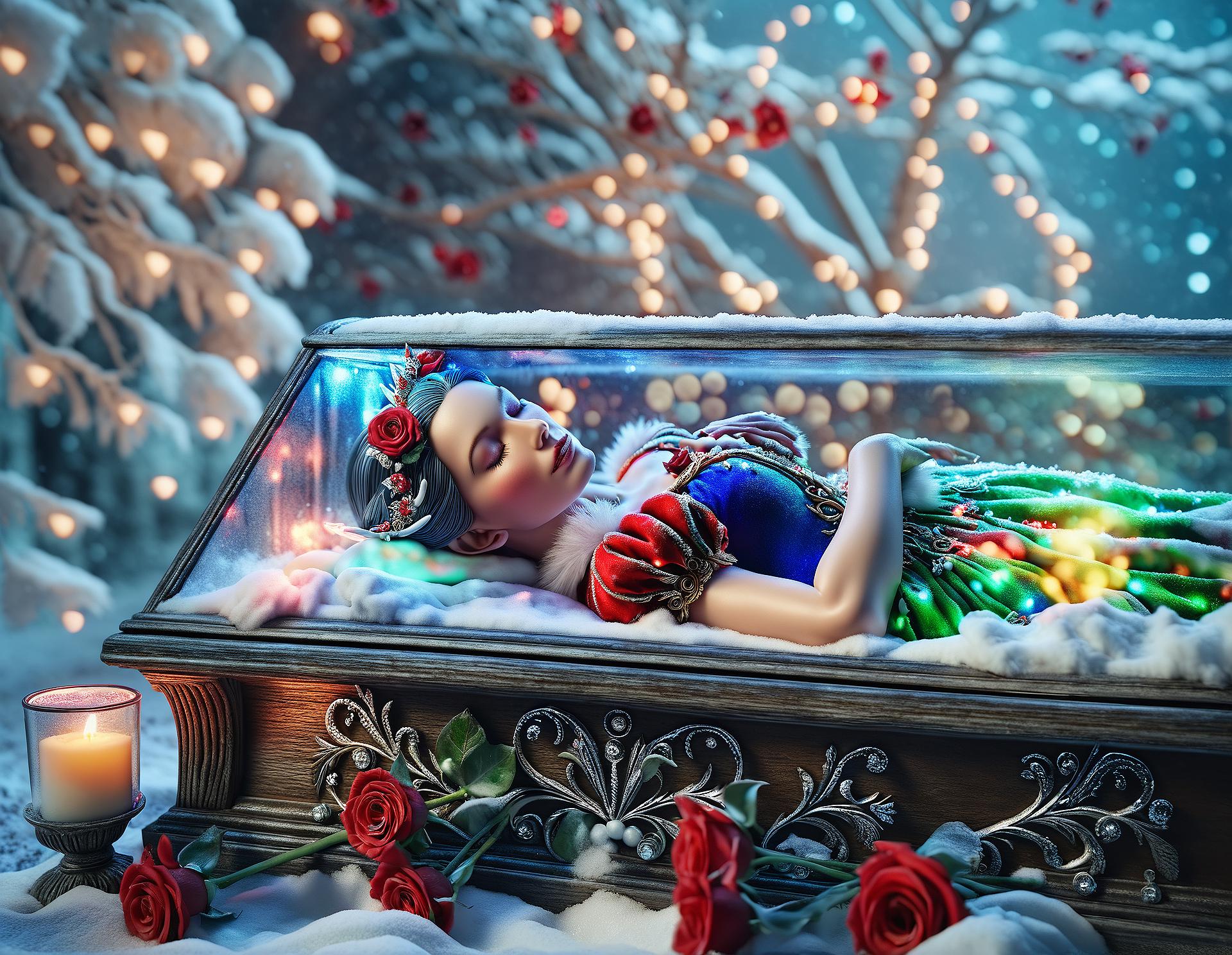 There is a woman laying in a casket with a candle - SeaArt AI