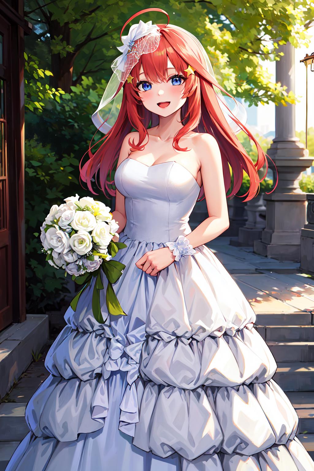 Anime - style image of a bride in a wedding dress with a bouquet ...