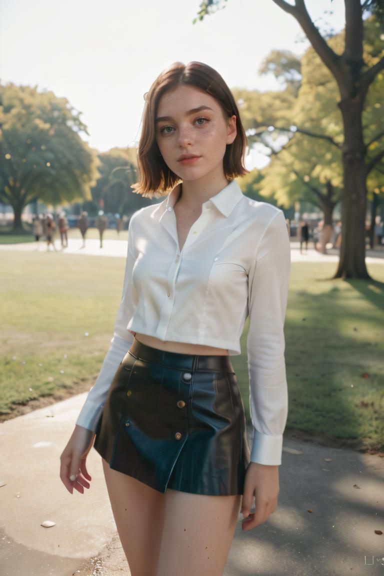 A woman in a white shirt and black leather skirt standing on a sidewalk - SeaArt AI
