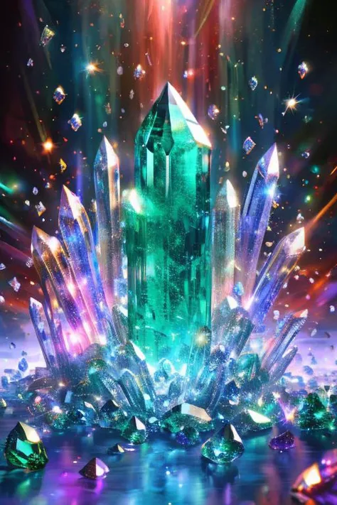 A green crystal surrounded by many colorful crystals - SeaArt AI