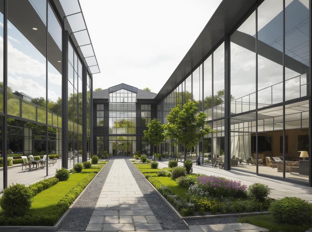 A view of a courtyard with a walkway and a lawn - SeaArt AI