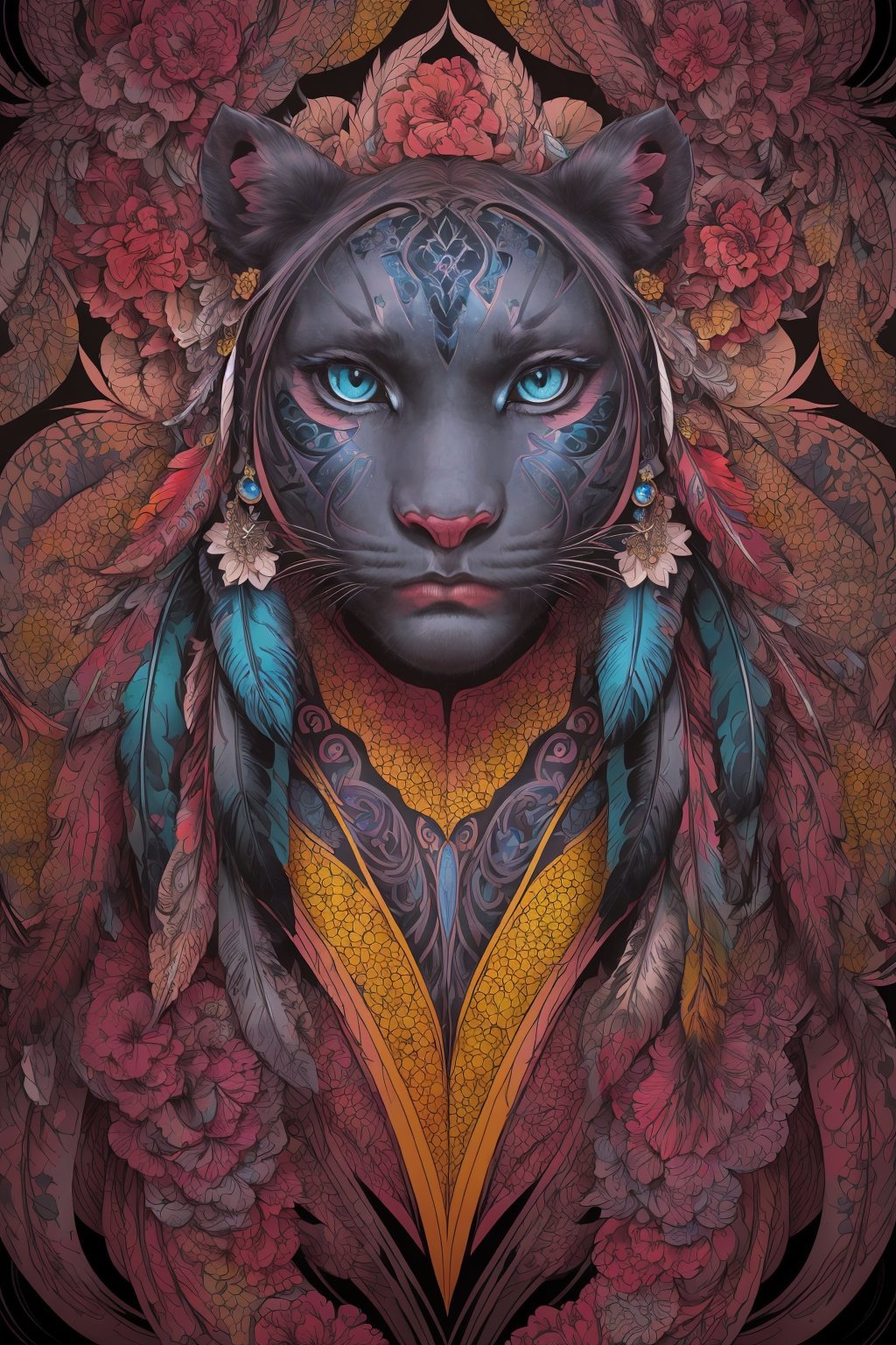 A close up of a cat with feathers on its head - SeaArt AI