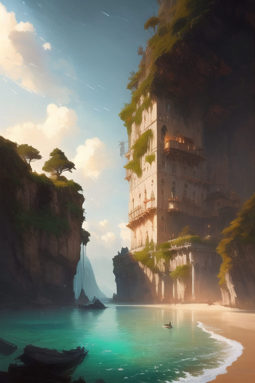 A picture taken from a video game of a beach with a boat in the water ...