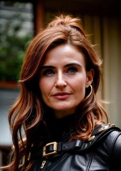 A close up of a woman in a leather jacket with a black jacket - SeaArt AI