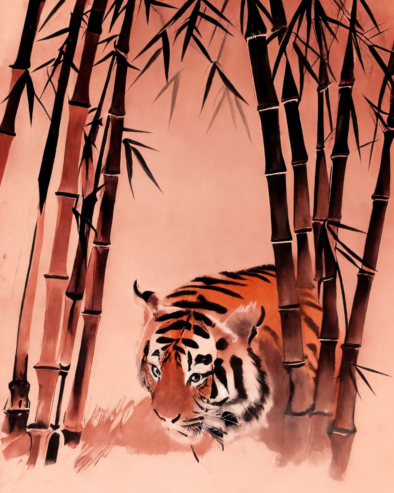 Painting of a tiger in the middle of a bamboo forest - SeaArt AI