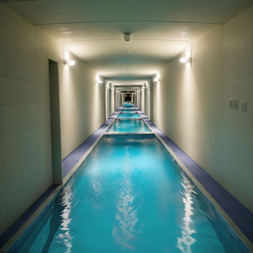 There is a long pool in a building with a blue floor - SeaArt AI
