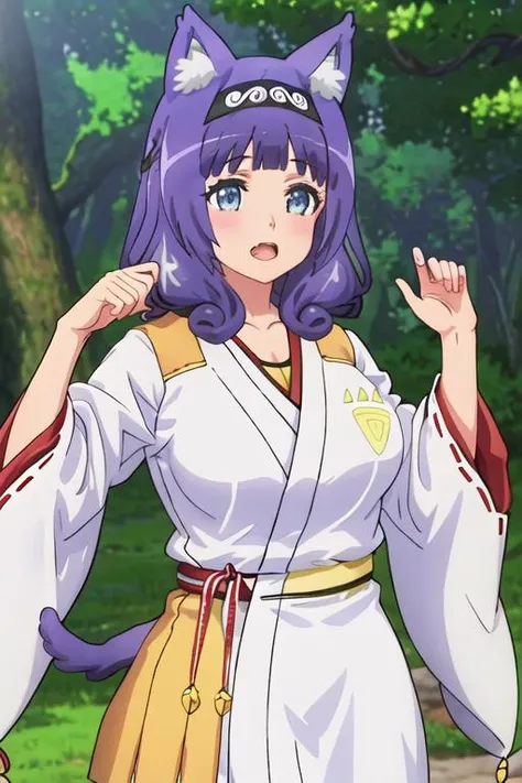 A woman in a white robe and purple hair is standing in a forest - SeaArt AI