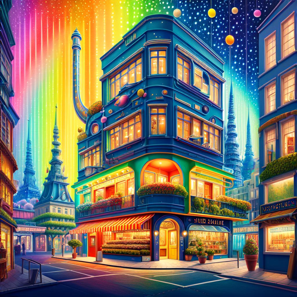 A colorful city street scene with a rainbow colored building - SeaArt AI