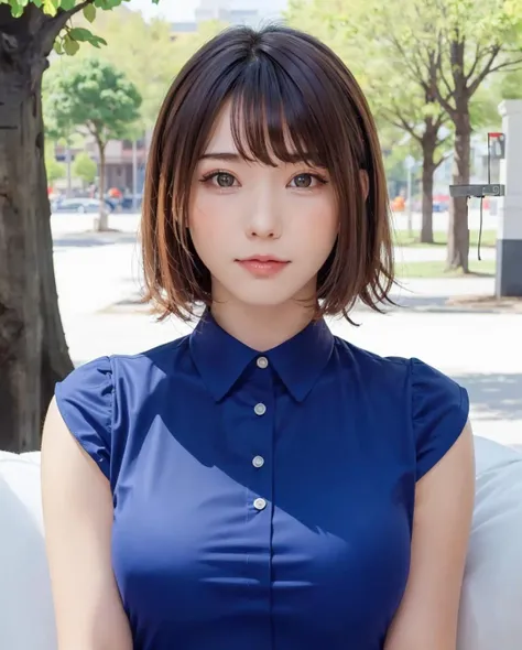 A woman sitting on a couch with a blue shirt on - SeaArt AI