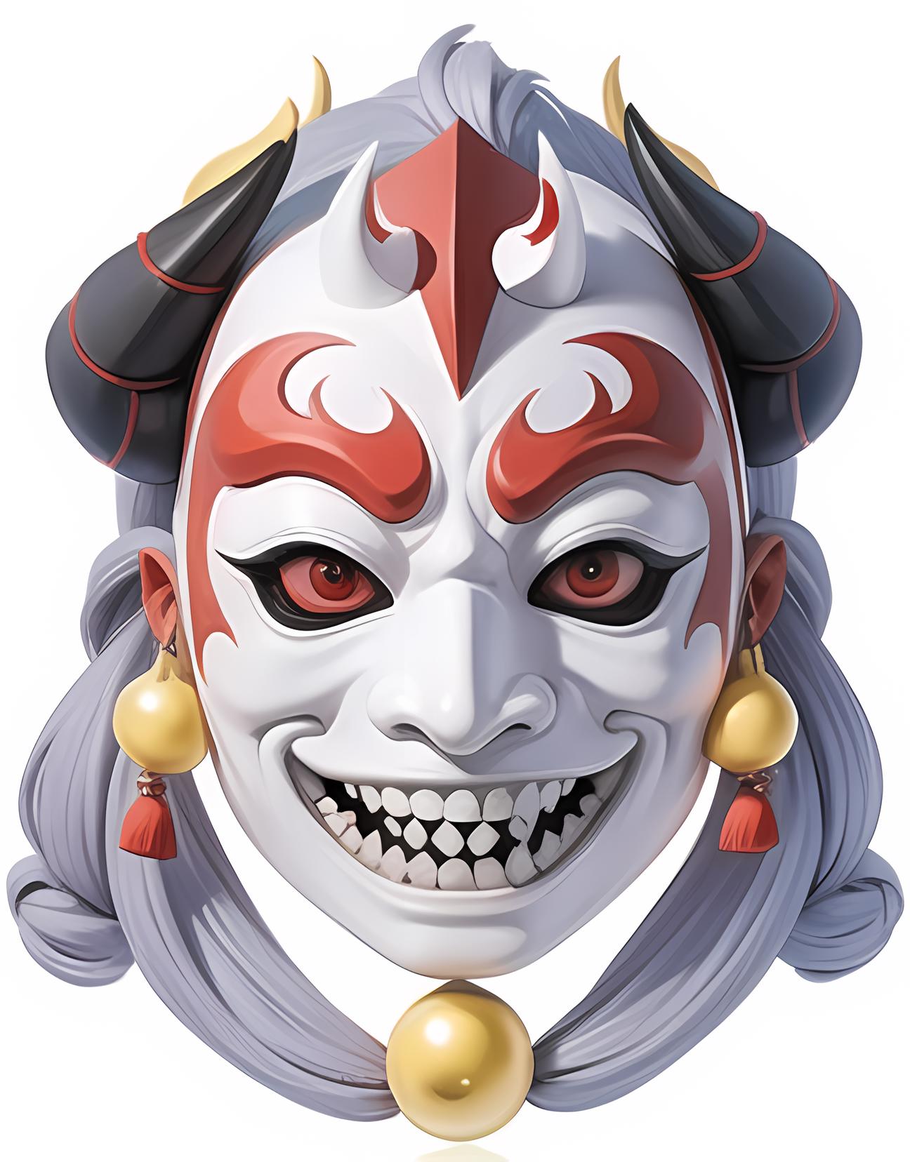 A close up of a mask with horns and a red face - SeaArt AI