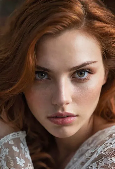 A close up of a woman with red hair and a white dress - SeaArt AI