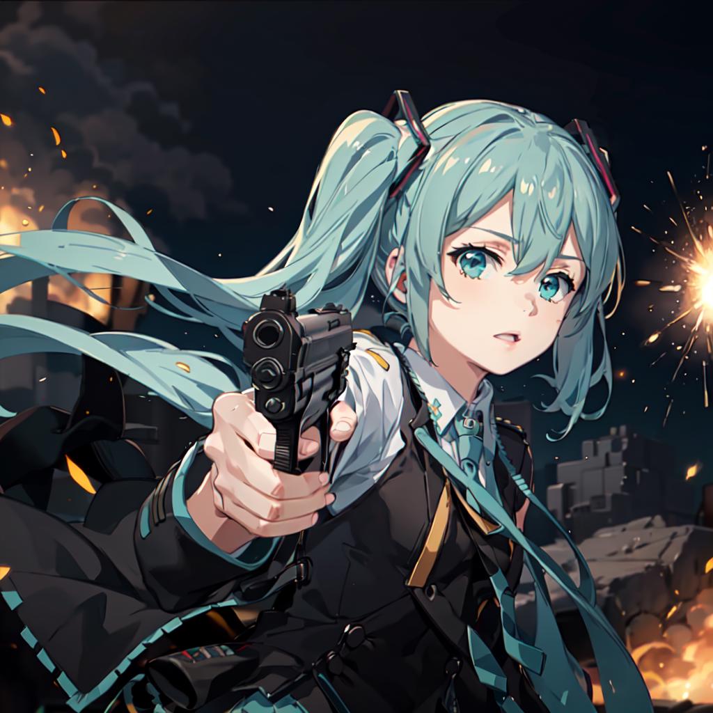 Anime girl with blue hair holding a gun in front of a city - SeaArt AI
