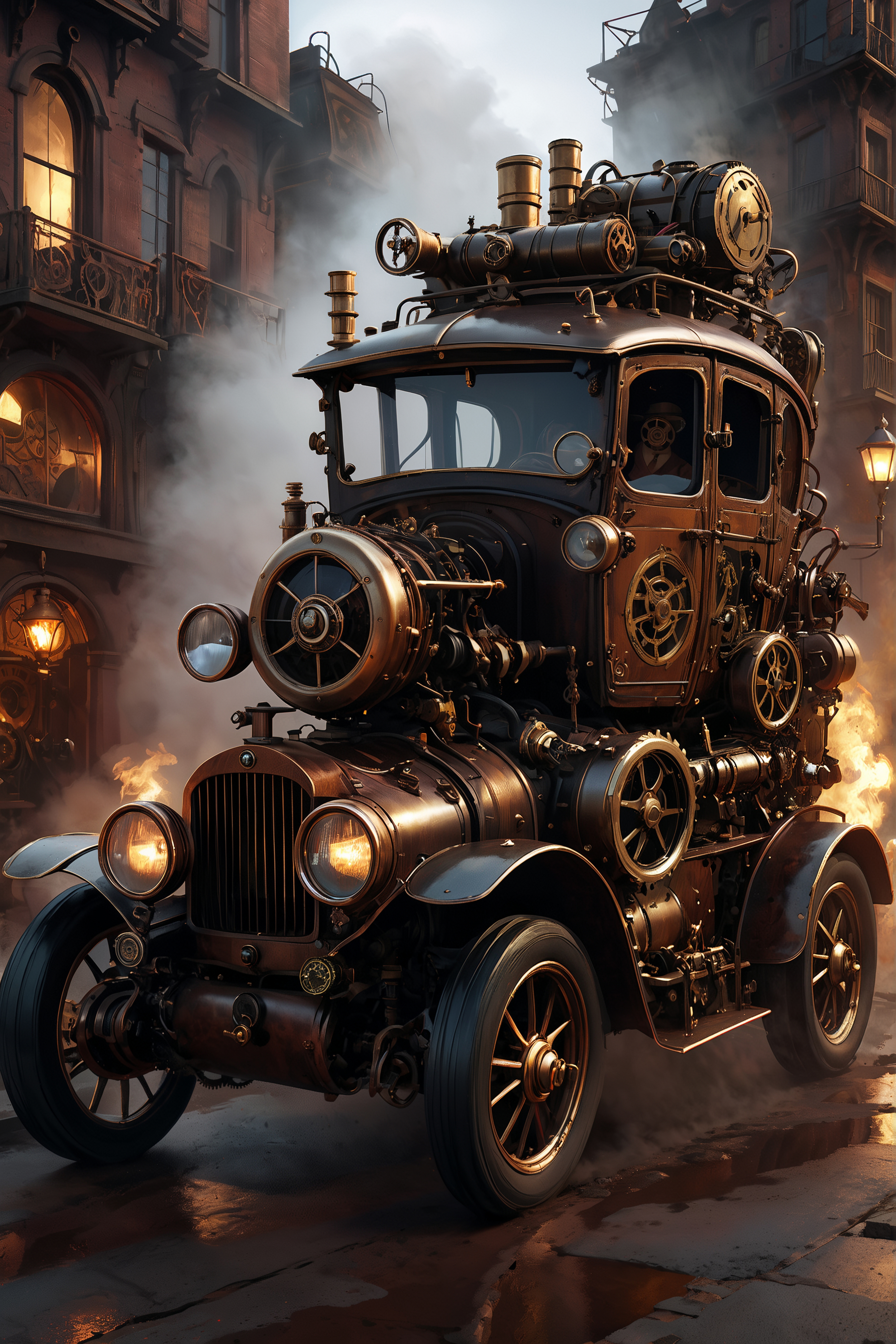 There is a steam powered car driving down the street - SeaArt AI