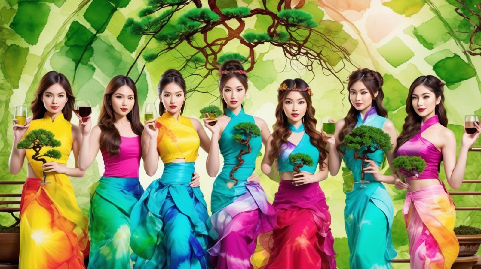 Girls'generation in colorful dresses posing for a photo - SeaArt AI